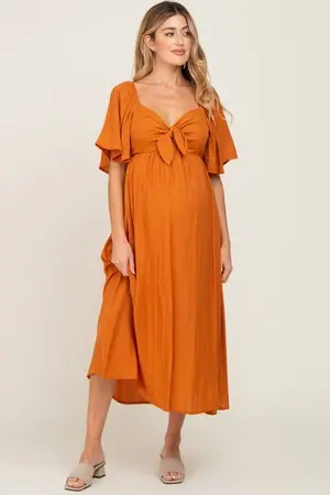 PINKBLUSH Front Tie Ruffle Sleeve Maternity Midi Dress - Rust