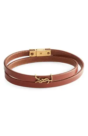 Saint Laurent Logo Double Wrap Leather Bracelet - Copper Brown/light Bronze