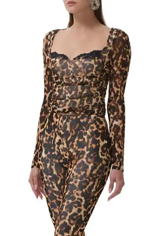 AFRM Marcello Leopard Print Mesh Top