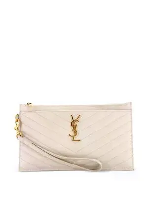 Saint Laurent Classic Monogram Zip Bill Matelasse Chevron Leather Large Pouch - Neutrals