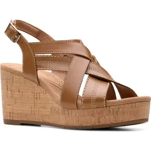 Clarks Savina Slingback Wedge Sandal - Tan Leather