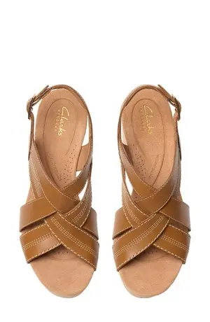 Clarks Savina Slingback Wedge Sandal - Tan Leather
