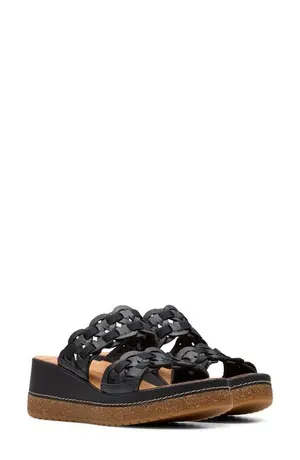 Clarks Woven Leather Wedge Sandals - Black Combo