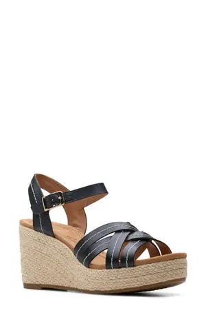 Clarks Sabina Platform Wedge Sandal - Black Leather