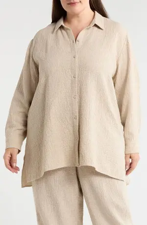 Eileen Fisher Long Crinkle Button-up Top