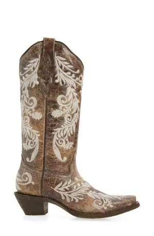 CORRAL Embroidered Crackled Mid-calf Western Boots - Brown/white