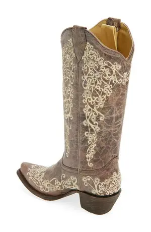 CORRAL Embroidered Crackled Leather Mid Calf Western Boot - Brown