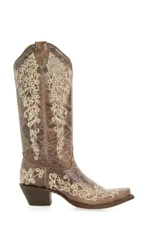 CORRAL Embroidered Crackled Leather Mid Calf Western Boot - Brown