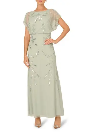 Adrianna Papell Sequin Blouson Flutter Sleeve Gown