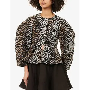 GANNI Leopard Peplum Cotton-blend Top