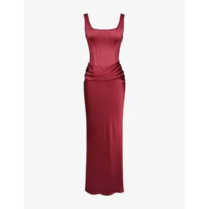 House Of Cb Kira Gathered Satin Maxi Dress - Red