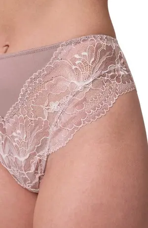 MONTELLE INTIMATES Floral Lace & Microfiber Thong - Moonshell/chantilly