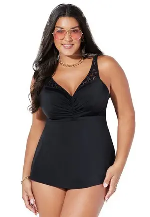 SWIMSUITS FOR ALL Bra Sized Crochet Underwire Tankini Top - Black