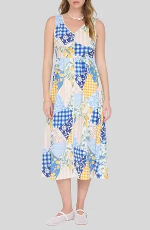BLU PEPPER Patchwork Sleeveless Midi Dress - Blue Multi
