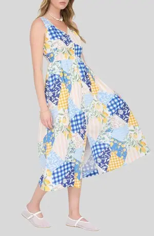 BLU PEPPER Patchwork Sleeveless Midi Dress - Blue Multi