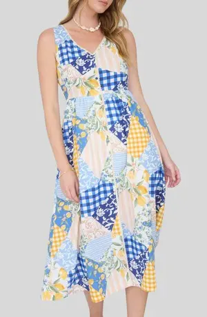 BLU PEPPER Patchwork Sleeveless Midi Dress - Blue Multi