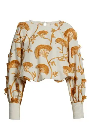 CIEBON Lenny Embroidered Long-sleeve Crop Top - White Multi