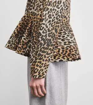 GANNI Organic Cotton Leopard Peplum Blouse - Beige