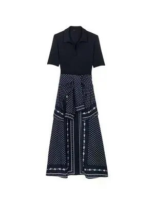 Maje Polka Dot Maxi Dress With Rib-knit Top And Tie-waist Panel - Blue