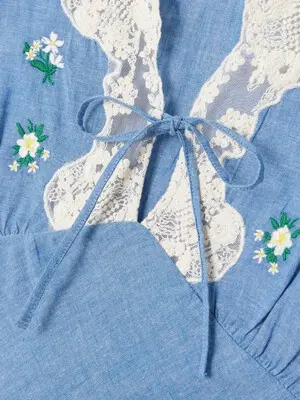 Rixo Amari Lace-trimmed Embroidered Cotton-chambray Midi Dress - Blue