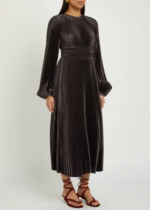 JOSEPH Pleated Satin Midi Dress - Brown