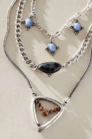 Free People Horizons Layer Necklace - Silver/tigers Eye/sea Salt