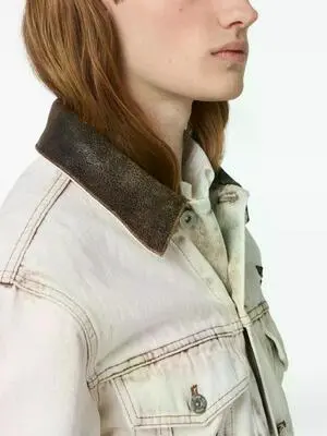 Miu Miu Denim Blouson Jacket With Antiqued Leather Logo - Neutrals