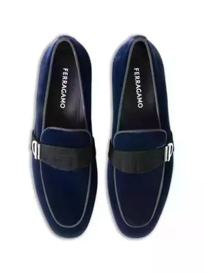 FERRAGAMO Gancini-detail Velvet Loafers - Blue