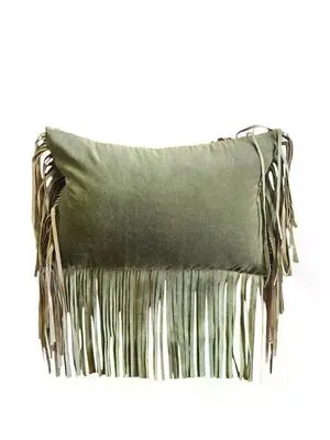 LES-OTTOMANS Leather-fringes Cushion - Green