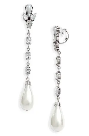 Saint Laurent Pendant Rhinestone & Faux Pearl Clip-on Earrings - Creme/crystal/oxidized Silver