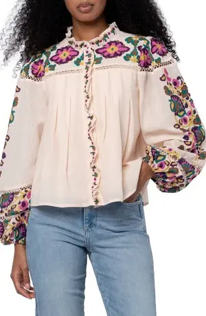 CIEBON Floral Ruffle Placket Button-up Shirt