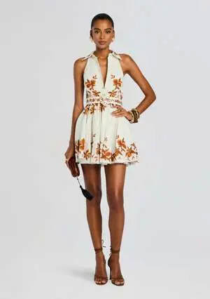 Hemant & Nandita Floral Print Mini Dress With Belt - Ivory