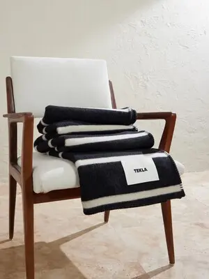 TEKLA Logo-appliquéd Striped Wool Blanket - Black