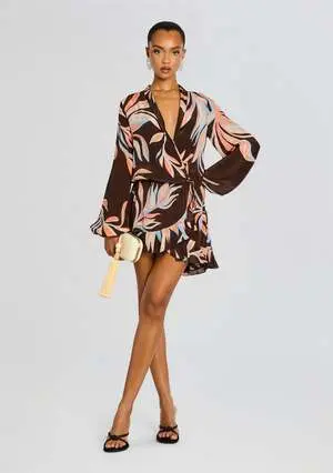 Rococo Sand Floral Print Front Wrap Mini Dress - Brown