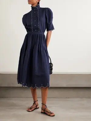 Thierry Colson Pintucked Embroidered Cotton And Linen-blend Midi Skirt