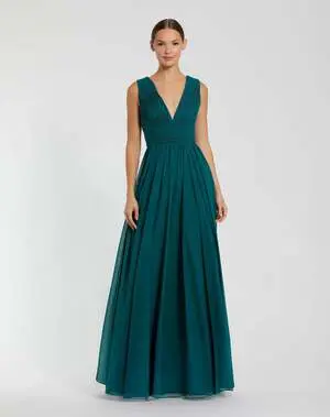 Mac Duggal Sleeveless Ruched V-neck Chiffon Gown - Teal