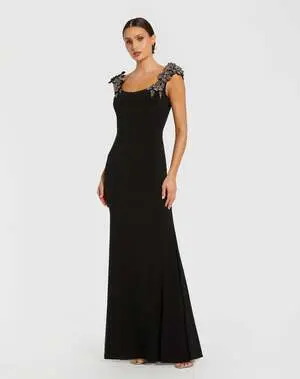 Mac Duggal Jersey Trumpet Gown With 3d Floral Appliqués - Black