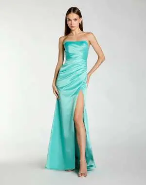 Mac Duggal Strapless Satin Gown With Slit - Blue