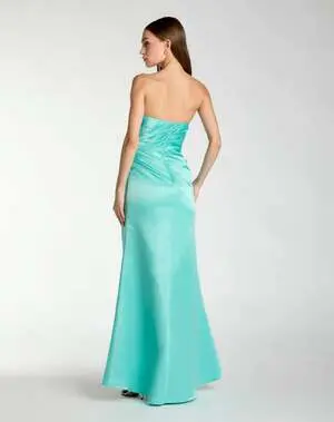 Mac Duggal Strapless Satin Gown With Slit - Blue