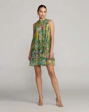 Mac Duggal Printed Sleeveless High Neck Mini Dress - Green