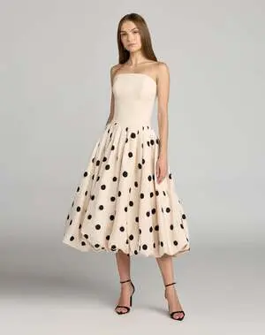 Mac Duggal Strapless Polka Dot Bubble Hem Midi Dress - Ecru Multi
