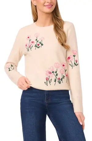 CECE DUPRAZ Floral Embroidered Crewneck Sweater