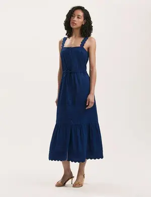 FINERY LONDON Hallie Cotton Ric Rac Detail Midi Dress - Indigo
