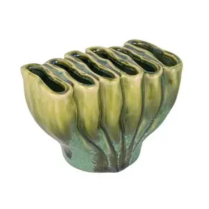 STORIED HOME Stoneware Sculptural Vase With 6 Sections With Reactive Glaze - Green