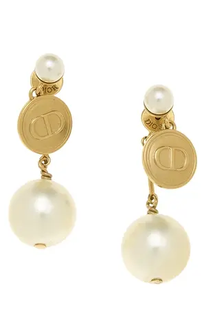 Dior Faux Pearl 'cd' Dangle Earrings - Gold