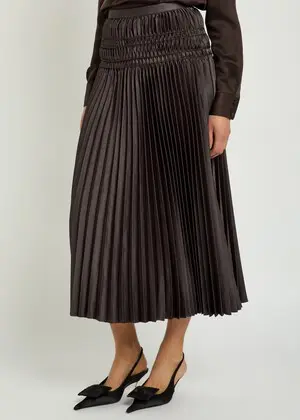 JOSEPH Hayes Plissé Satin Midi Skirt - Brown