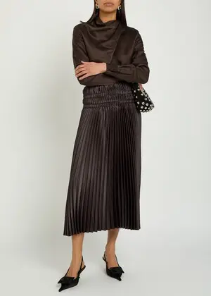 JOSEPH Hayes Plissé Satin Midi Skirt - Brown