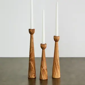 KANJU INTERIORS Tapered Candlestick Holder Pine Wood Espresso - Cognac