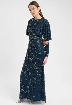 MARYISA Embellished Sequin Beaded Maxi Dress With Attached Cape - Navy