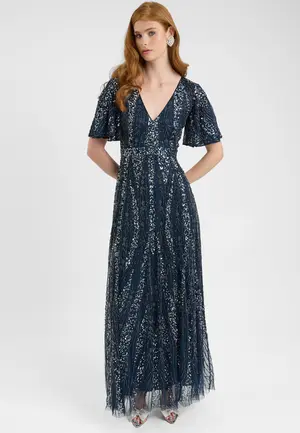 BEAUUT Embellished Sequin Beaded Maxi Dress With Flutter Sleeves